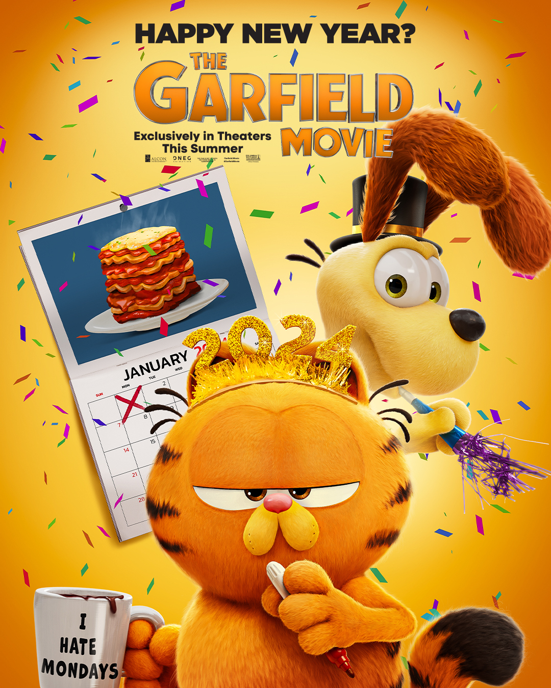 The Garfield Movie anéis no Ano Novo com poster fresco